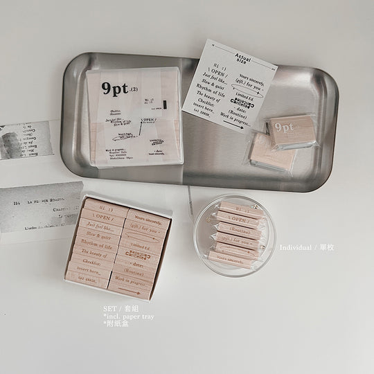 PC 9pt. (2) Tiny Text Rubber Stamps (18 types) – Smidapaper Ikigai Shop